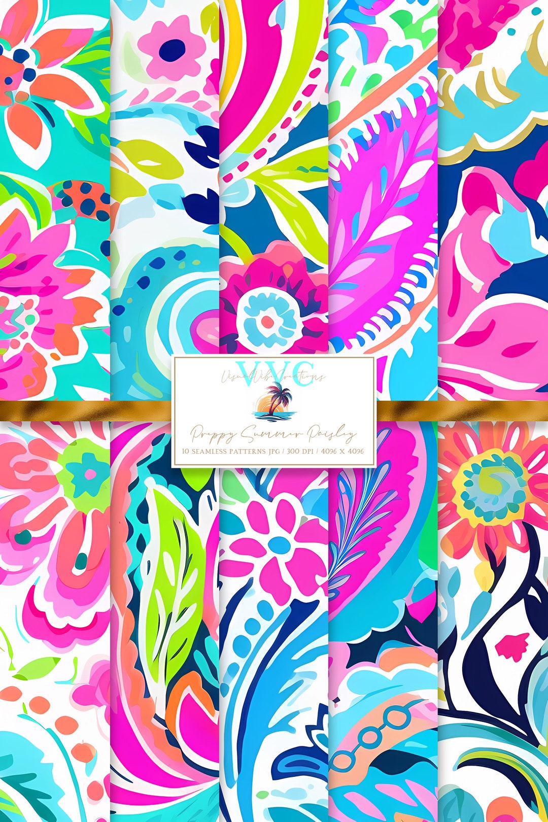 Preppy Summer Paisley Digital Paper, 10 Seamless Patterns for Printable ...