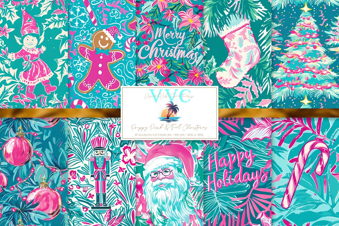 Preppy Pink & Teal Christmas Digital Paper, 10 Seamless Patterns for ...