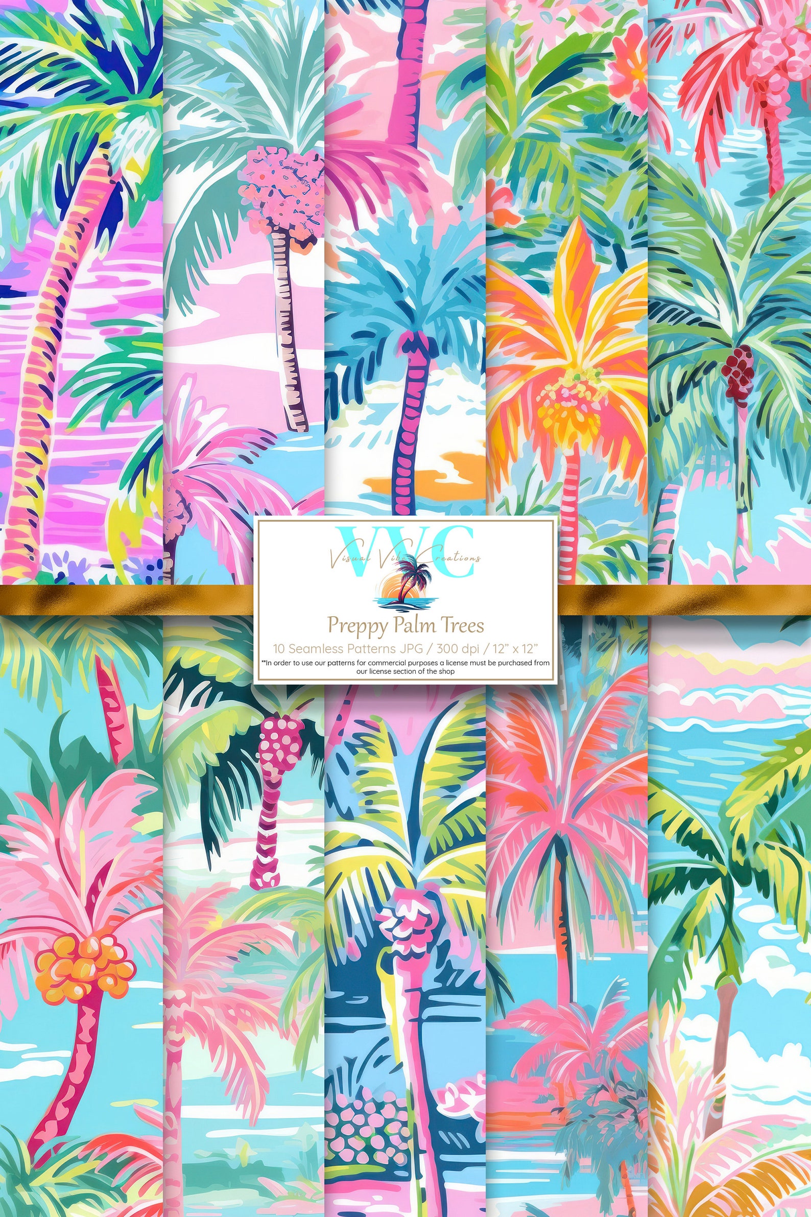 Preppy Palm Trees Digital Paper, 10 Seamless Preppy Floral Patterns for ...
