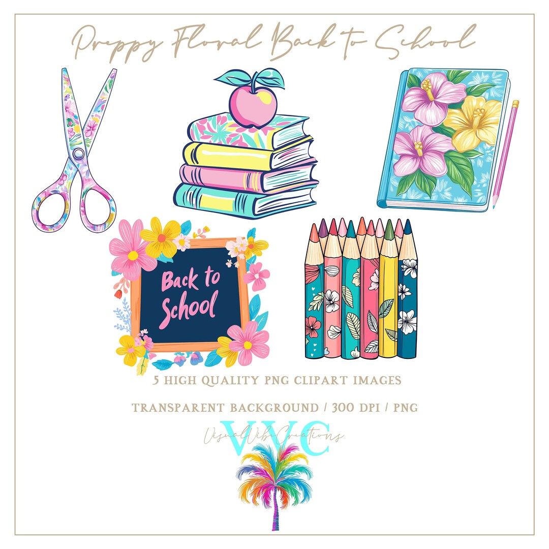 Preppy Floral Back to School Clipart - Pack of 5 - Transparent ...