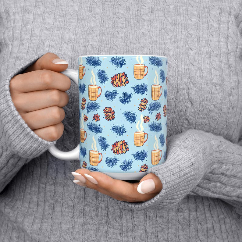 Preppy Cozy Cabin 1 Seamless Pattern, Plaid Mugs & Pinecones Digital ...