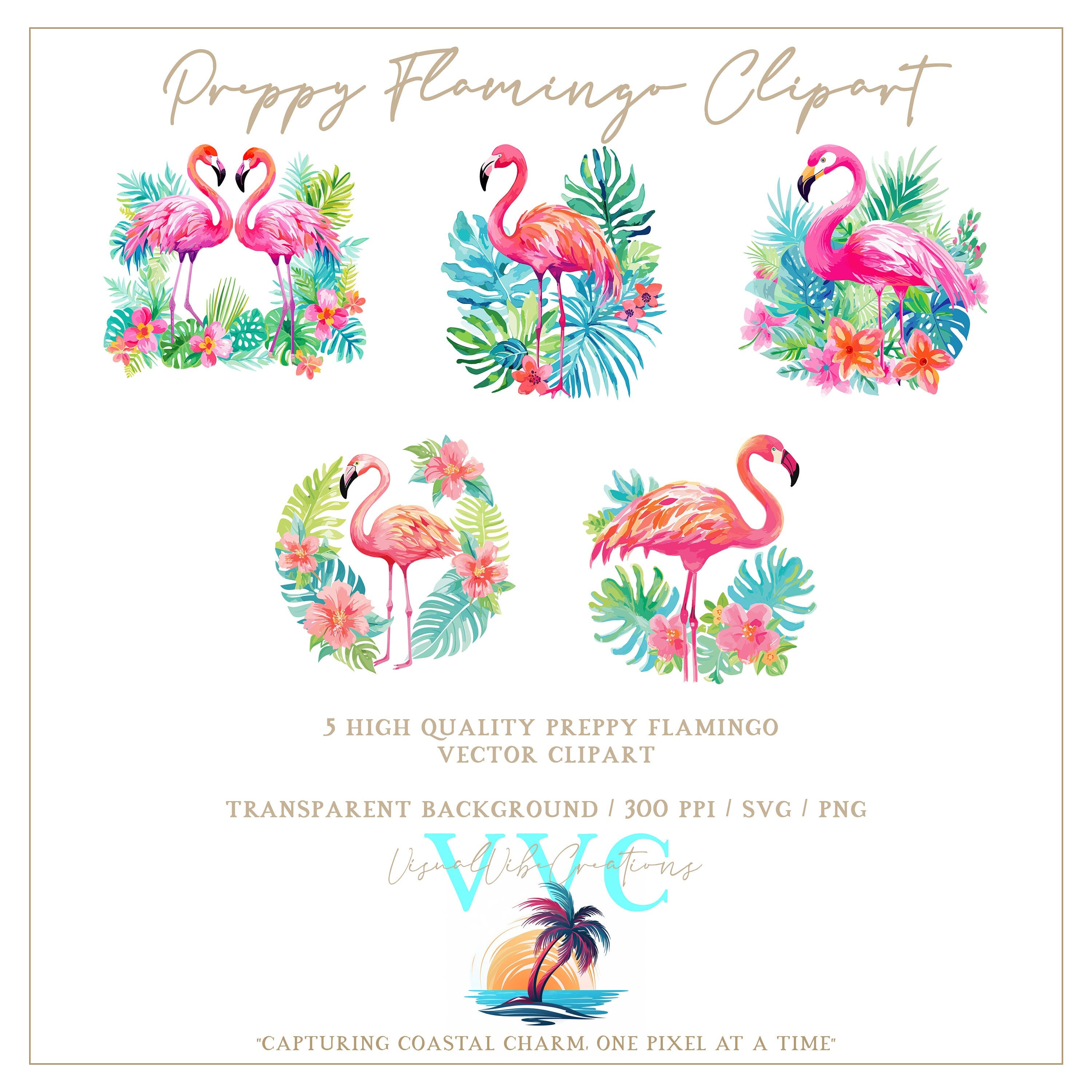 Preppy Flamingo Clipart Pack of 5 Transparent Background in - Etsy