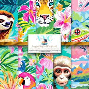 Preppy Tropical Rainforest Digital Paper, 10 Seamless Patterns for ...
