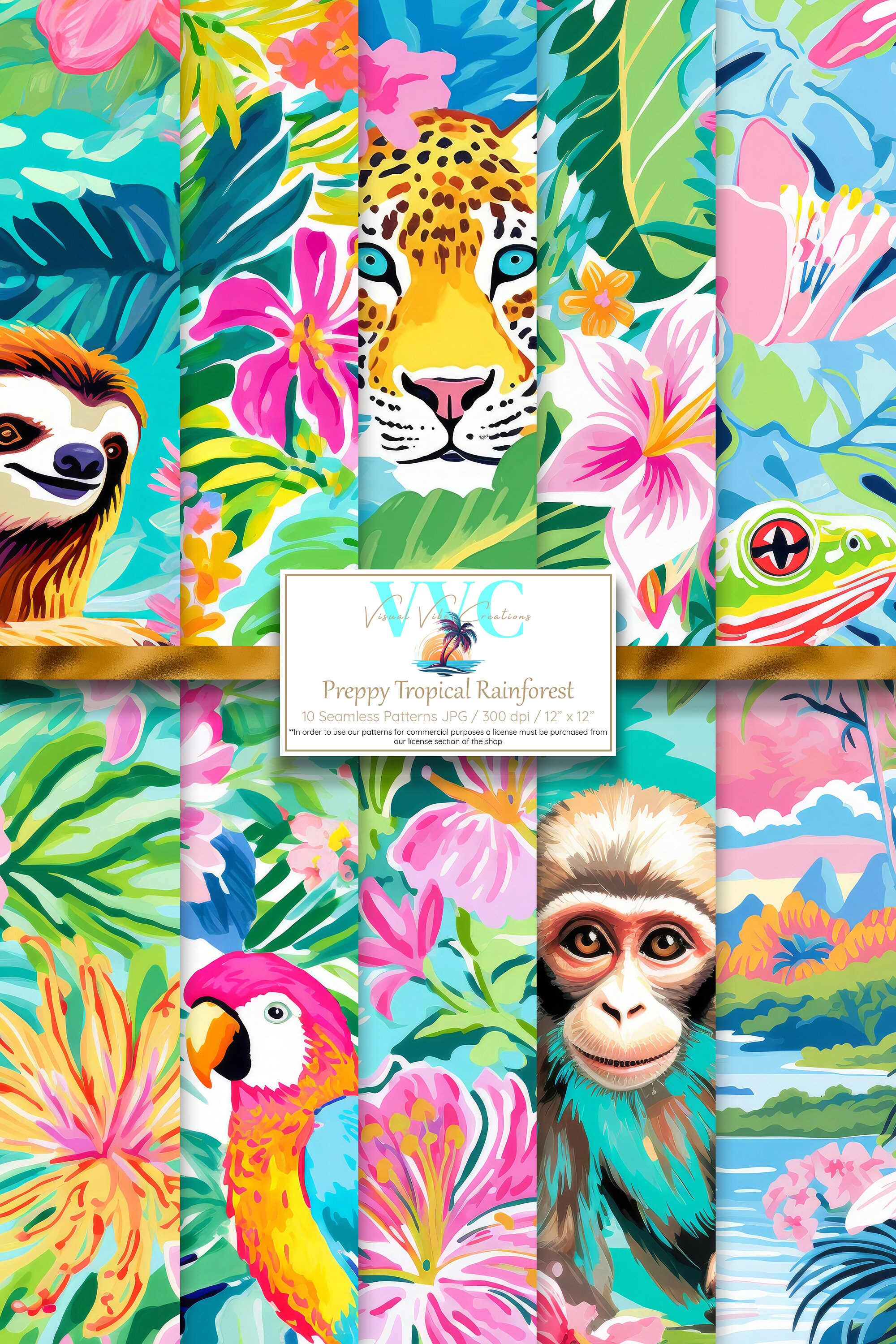 Preppy Tropical Rainforest Digital Paper, 10 Seamless Patterns for ...