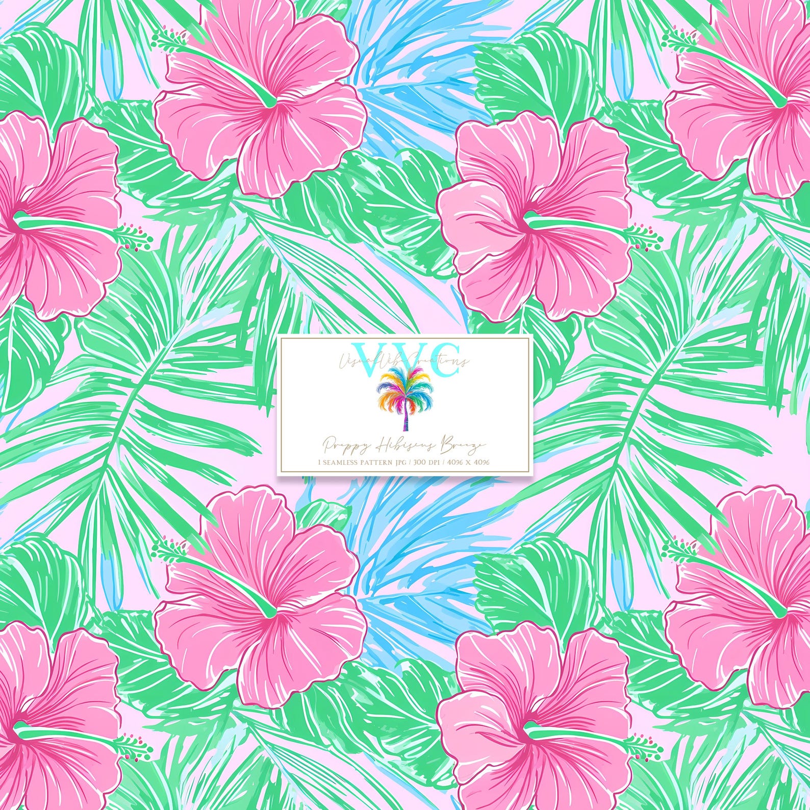 Preppy Hibiscus Breeze, 1 Tropical Pink Hibiscus and Palm Leaf Seamless ...