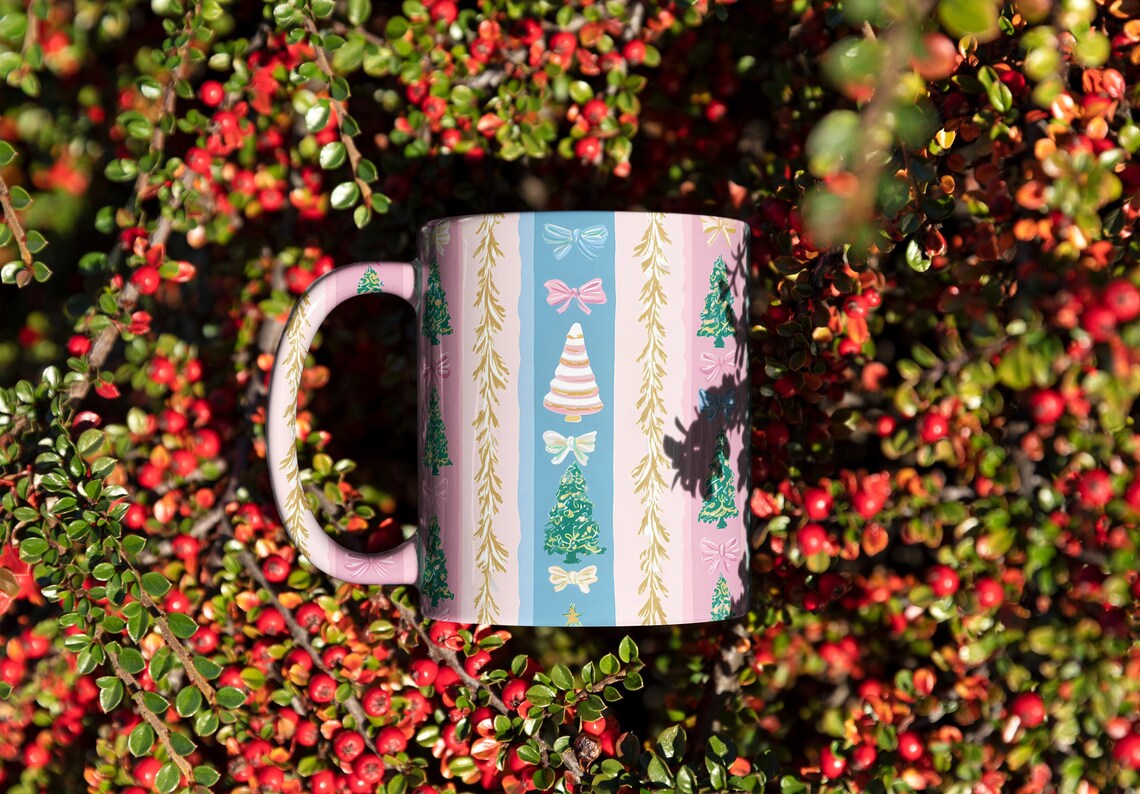 Preppy Bow & Tree Stripes, 1 Seamless Pattern, Pastel Christmas Tree ...