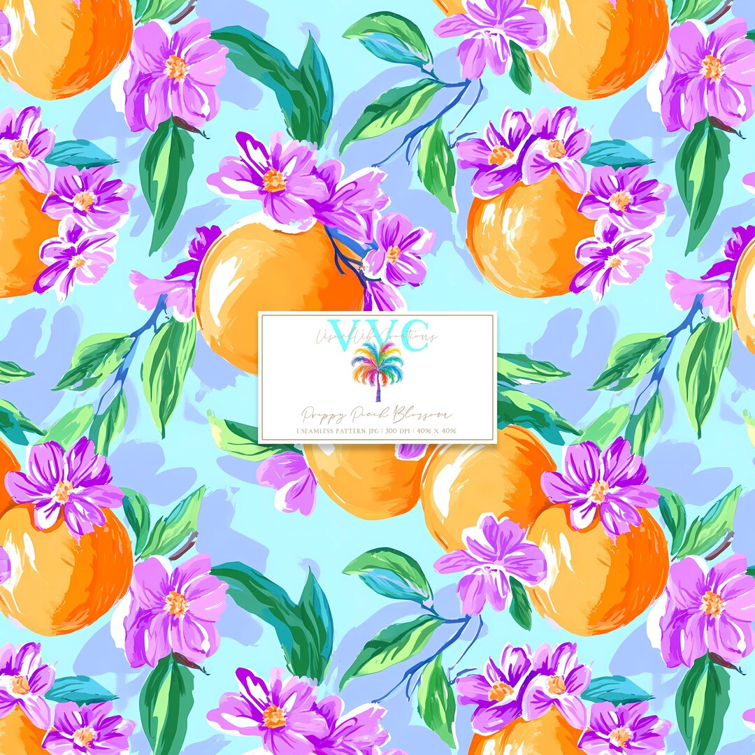 Preppy Peach Blossom 1 Seamless Pattern, Peaches & Purple Florals on ...