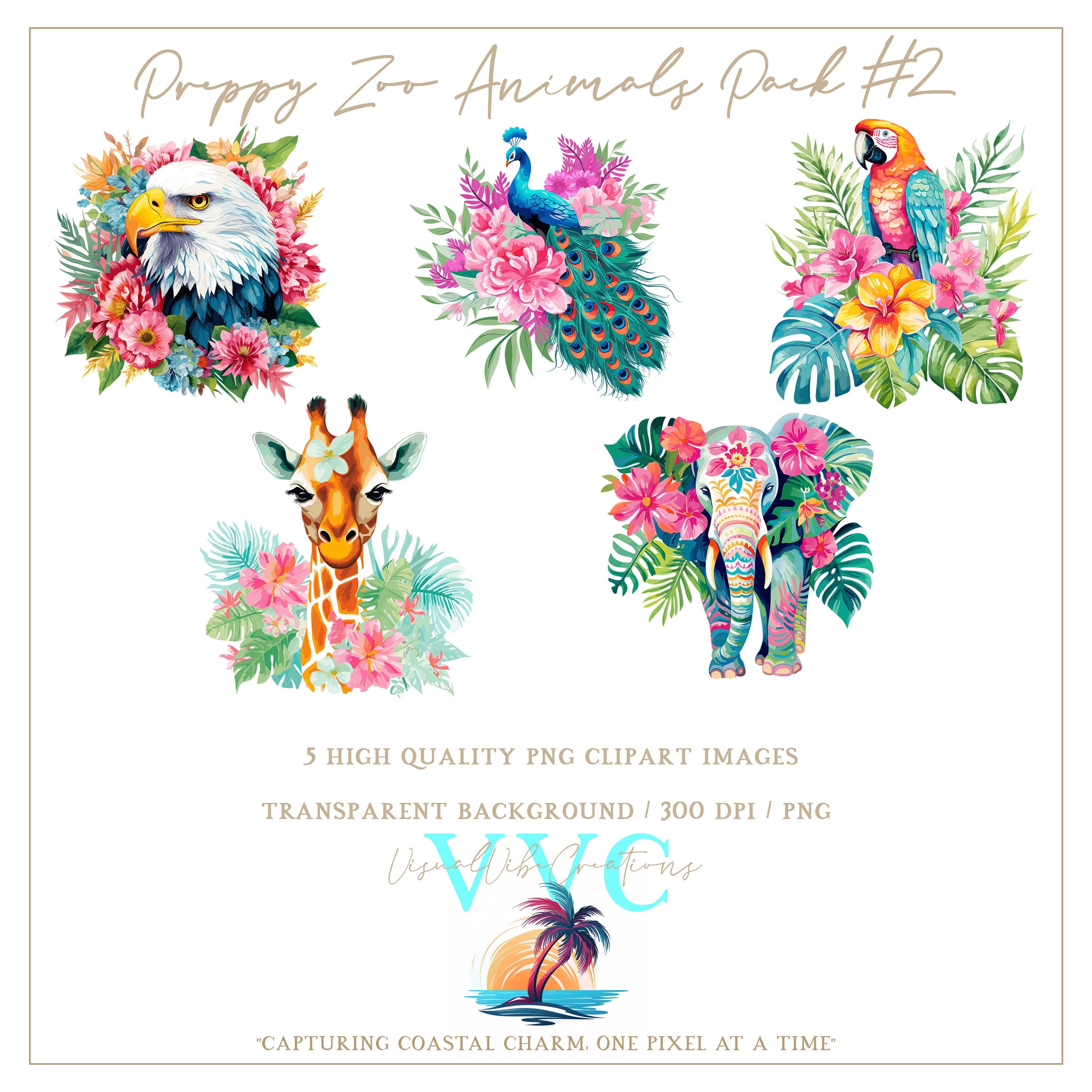 Preppy Zoo Animals Pack #2 Clipart Pack of 5 - Transparent Background ...