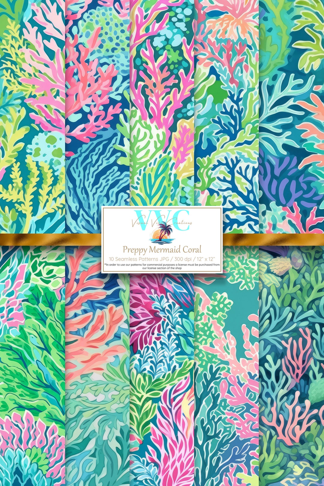 Preppy Mermaid Coral Digital Paper, 10 Seamless Preppy Tropical ...