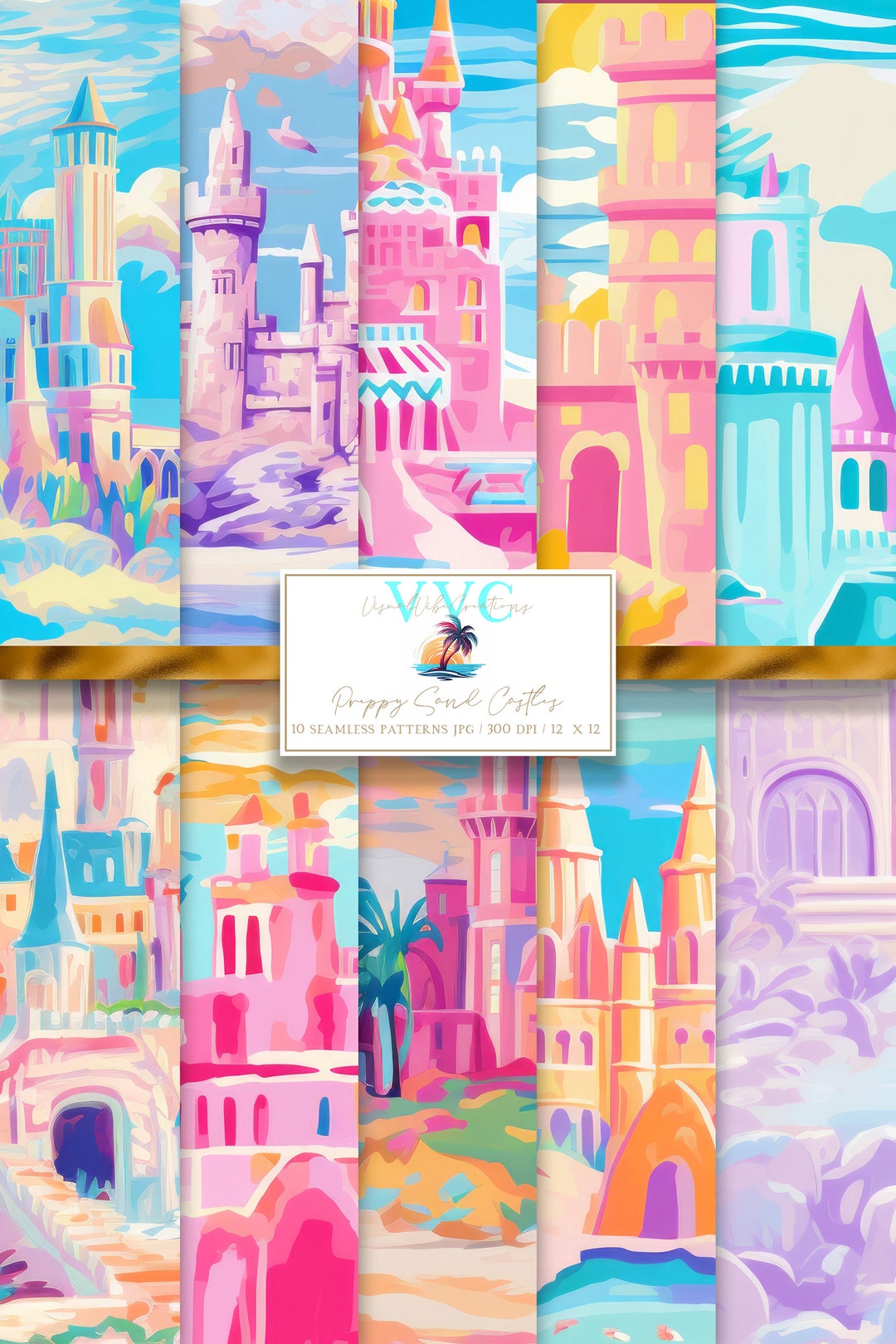 Preppy Sand Castles Digital Paper, 10 Seamless Patterns for Printable ...