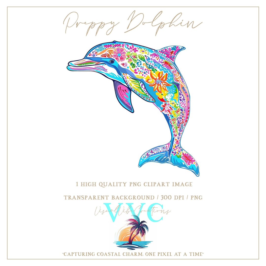 Preppy Dolphin Clip Art - Transparent Background in PNG - Floral, Beach ...