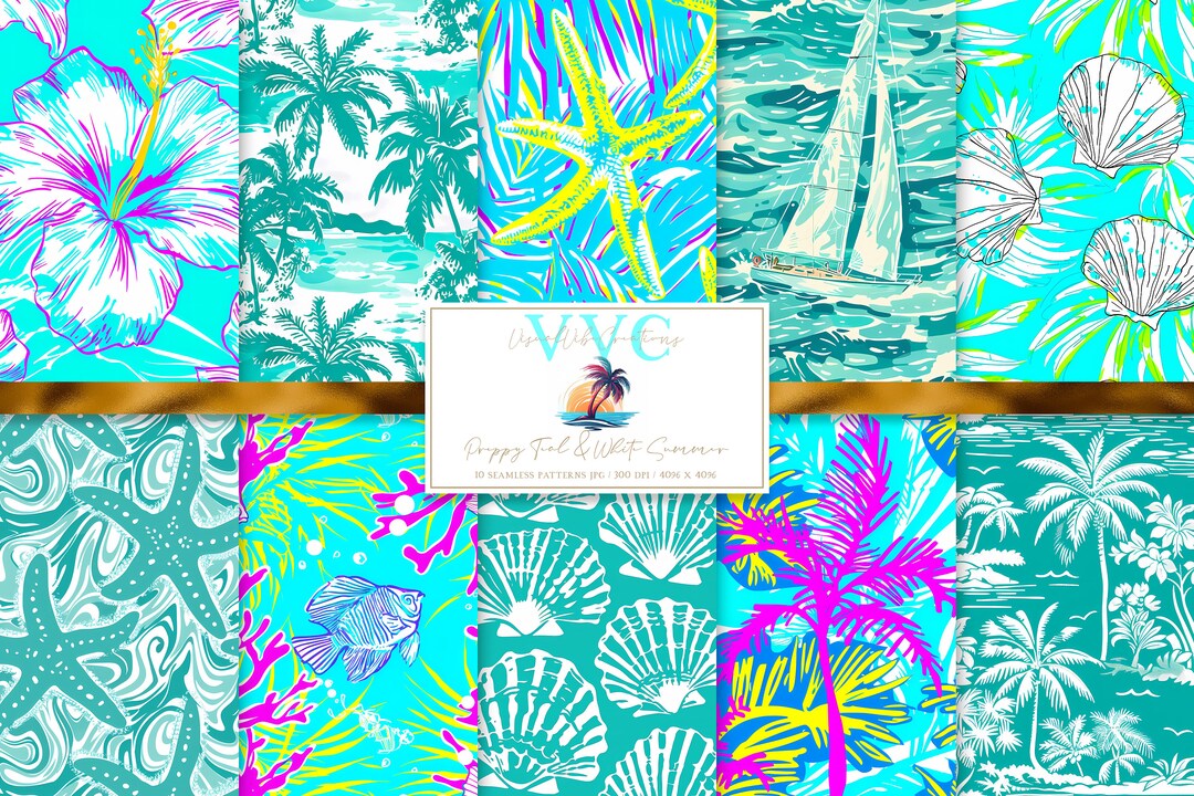 Preppy Teal & White Summer Digital Paper, 10 Seamless Patterns for ...