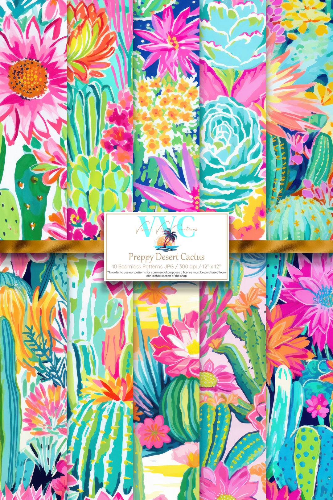 Preppy Desert Cactus Digital Paper, 10 Seamless Patterns for Printable ...