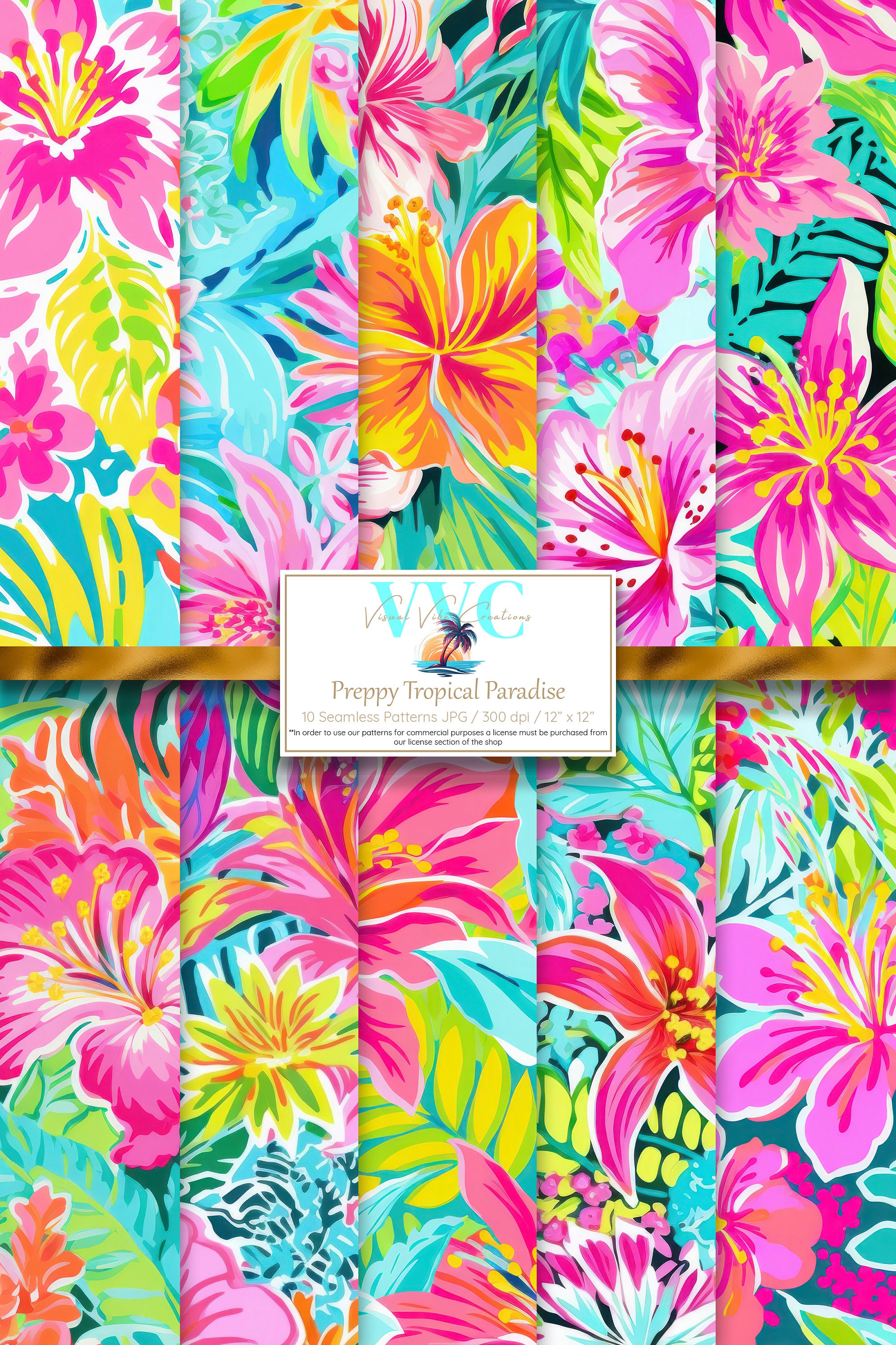 Preppy Tropical Paradise Digital Paper, 10 Seamless Colorful Floral ...