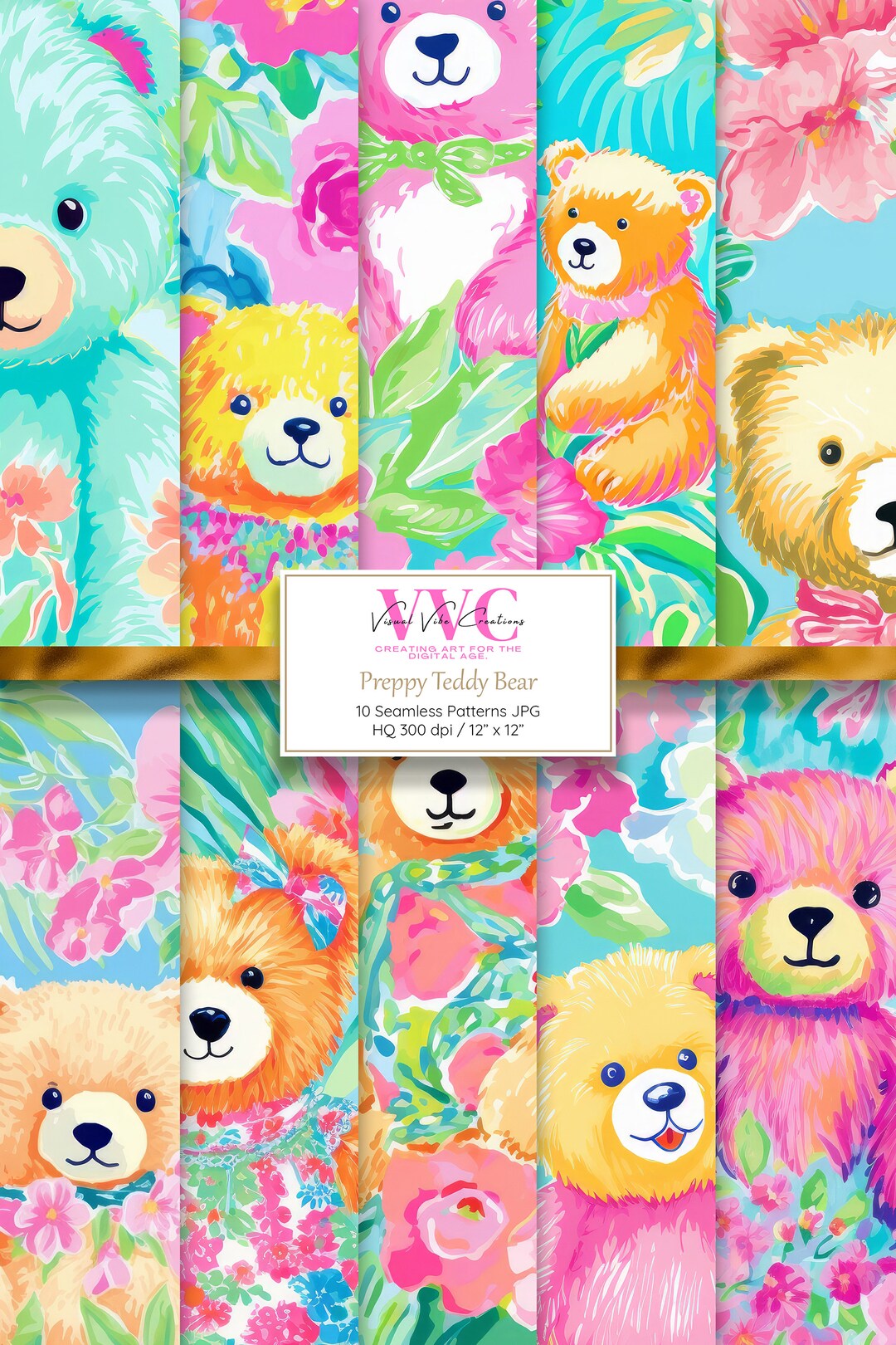 Preppy Teddy Bear Digital Paper 10 Seamless Flower Patterns - Etsy