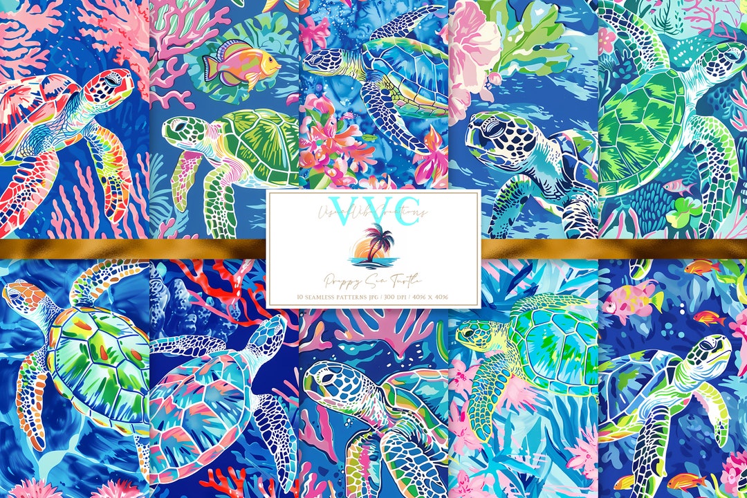 Preppy Sea Turtle Digital Paper, 10 Seamless Beach Patterns for ...