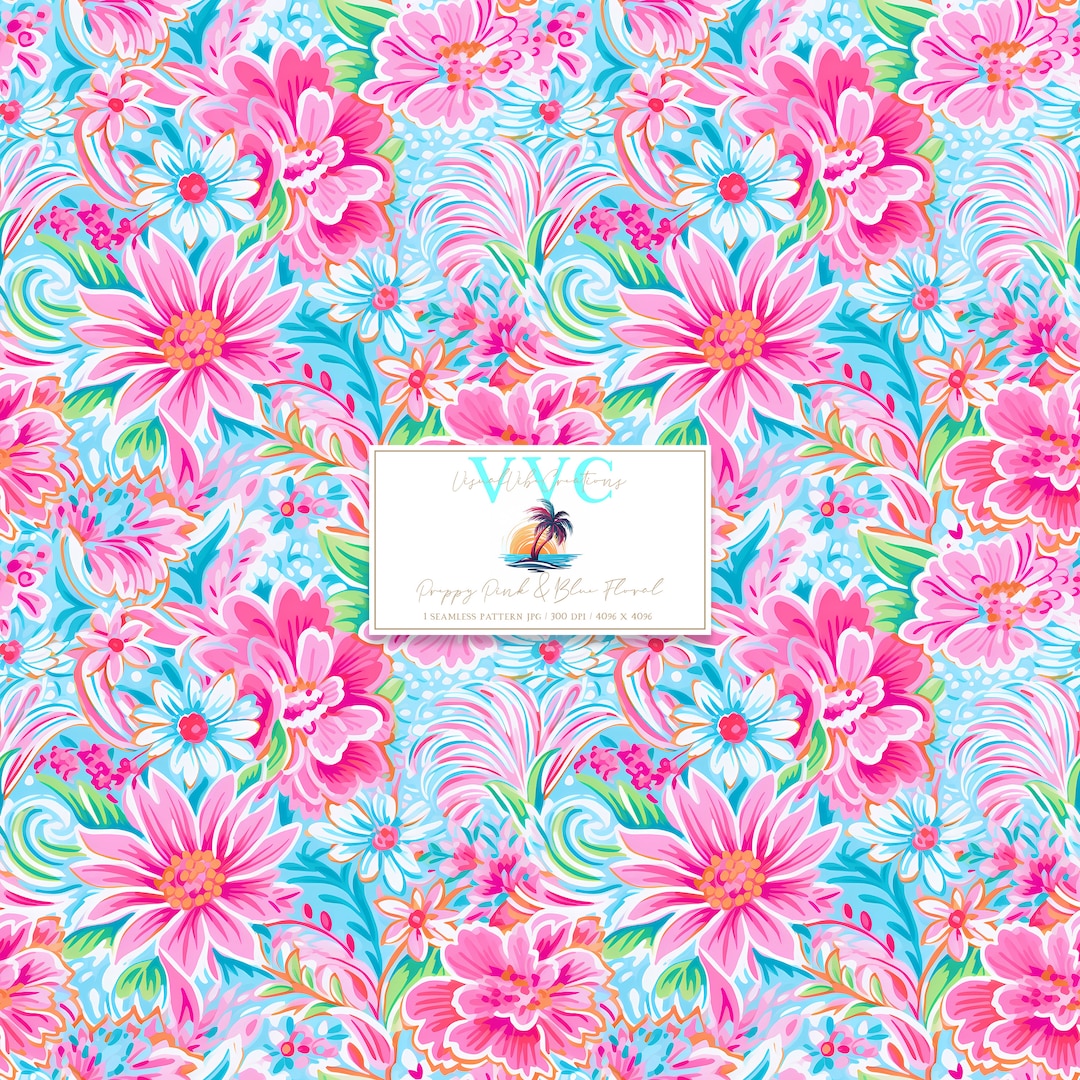 Preppy Pink & Blue Floral Digital Paper, 1 Seamless Pattern for ...