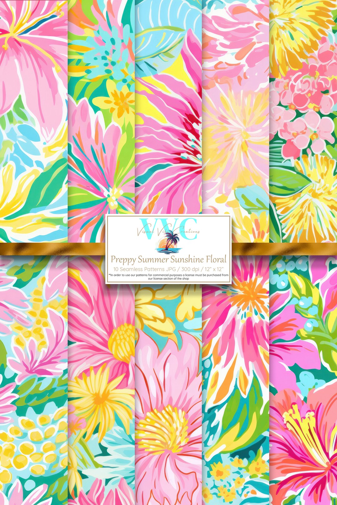 Preppy Summer Sunshine Floral Digital Paper, 10 Seamless Patterns for ...