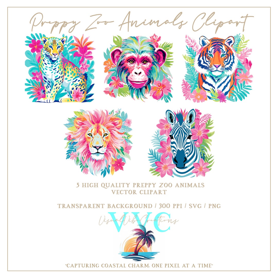 Preppy Zoo Animals Clipart Pack of 5 Transparent Background in SVG, PNG ...