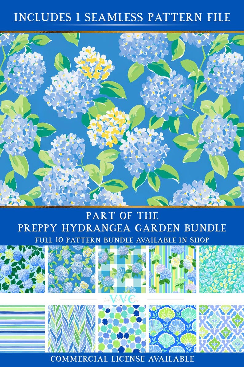 Preppy Hydrangea Bloom, Blue Flower Print, Floral Seamless Pattern ...