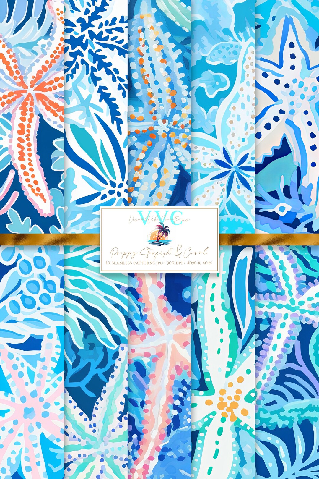 Preppy Starfish & Coral Digital Paper, 10 Seamless Patterns for ...