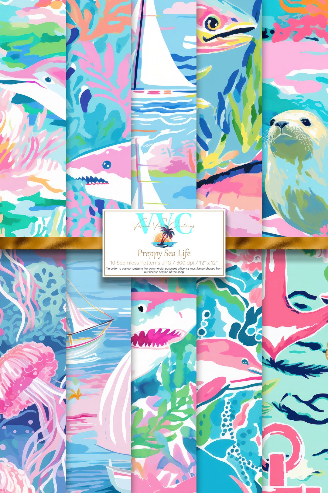 Preppy Sea Life Digital Paper, 10 Seamless Patterns for Printable ...