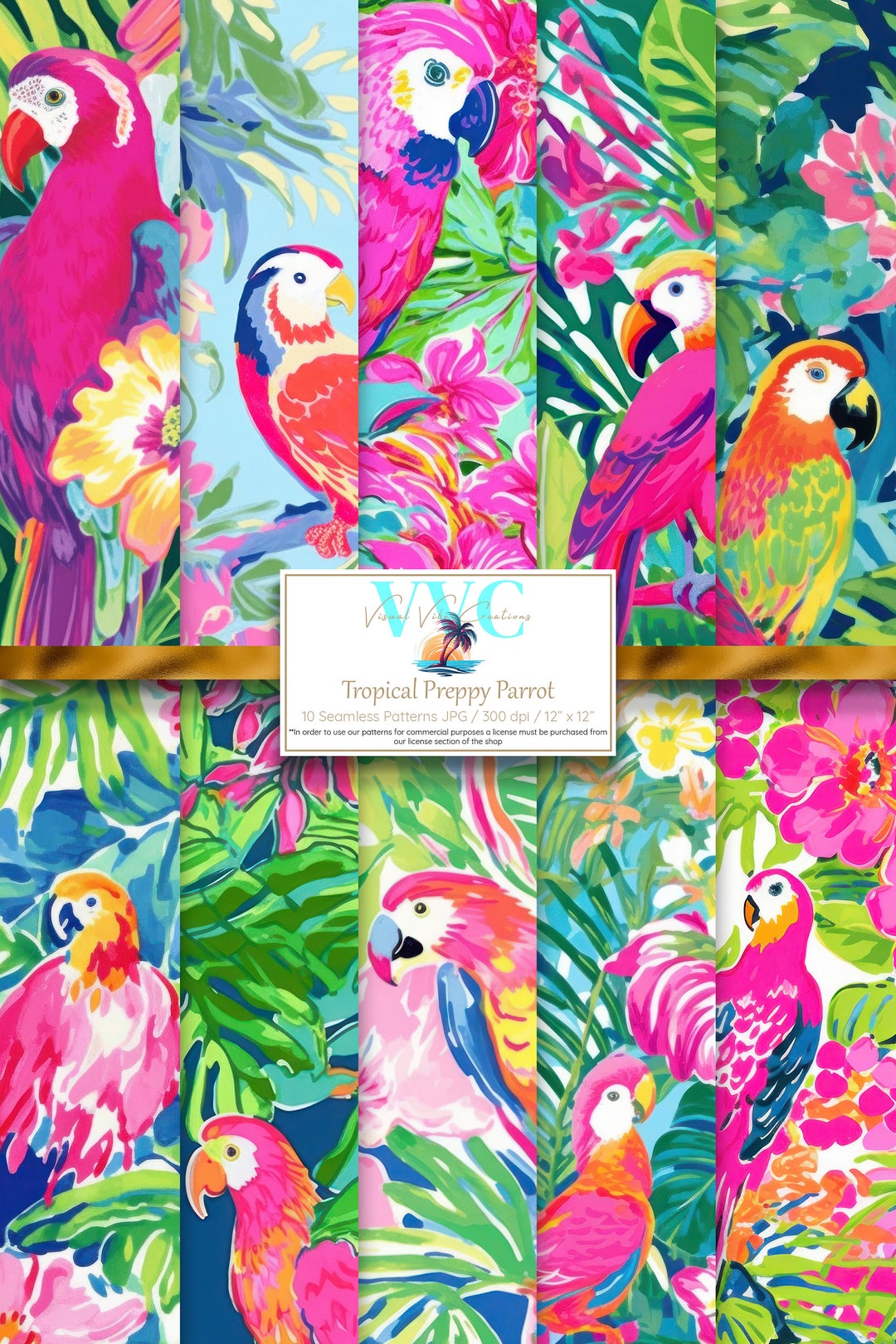 Tropical Preppy Parrot Digital Paper, 10 Seamless Floral Patterns for ...