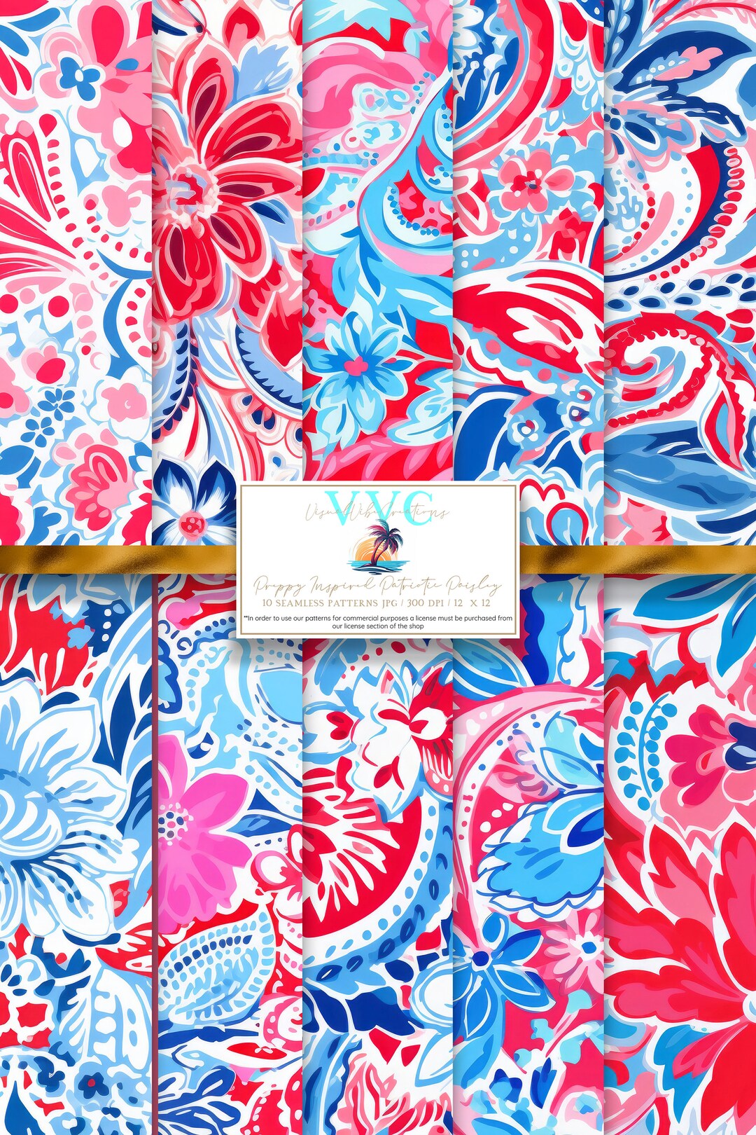 Preppy Inspired Patriotic Paisley Digital Paper, 10 Seamless Patterns ...