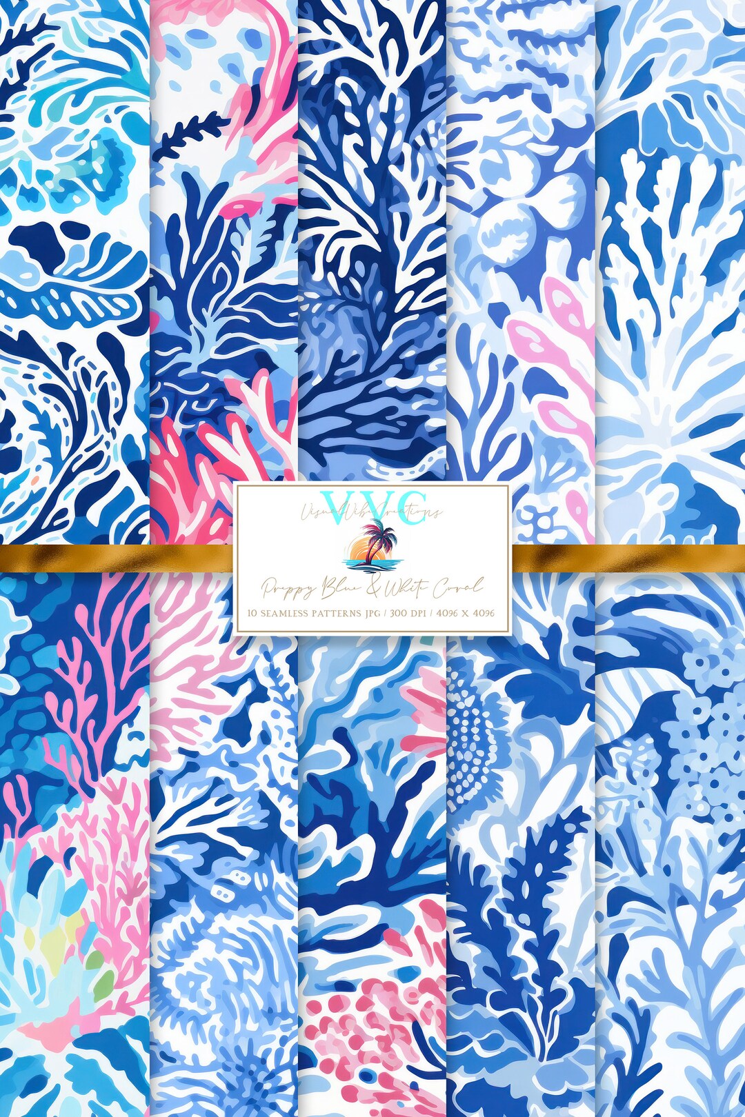 Preppy Blue & White Coral Digital Paper, 10 Seamless Tropical Patterns ...
