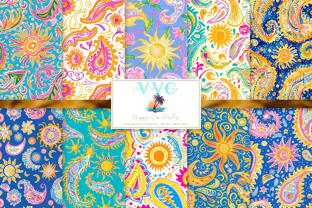 Preppy Sun Paisley Digital Paper, 10 Seamless Patterns for Printable ...