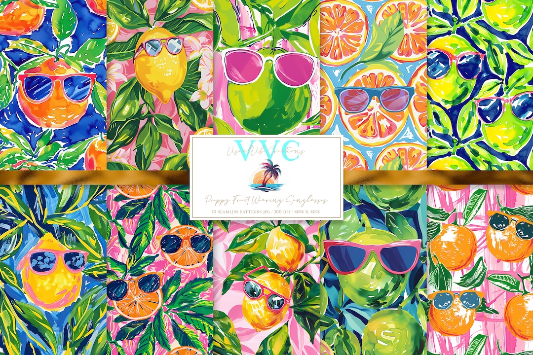 Preppy Fruit Wearing Sunglasses Digital Paper, 10 Seamless Patterns for ...