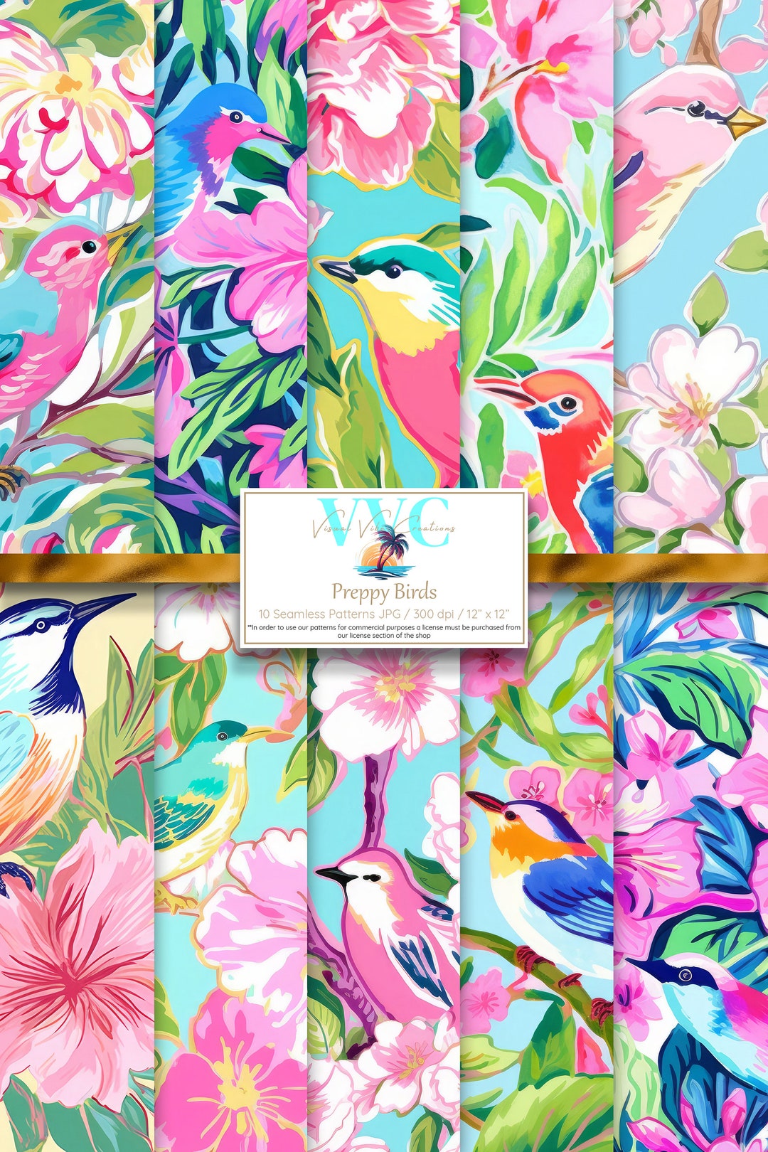 Preppy Birds Digital Paper, 10 Seamless Patterns for Printable ...
