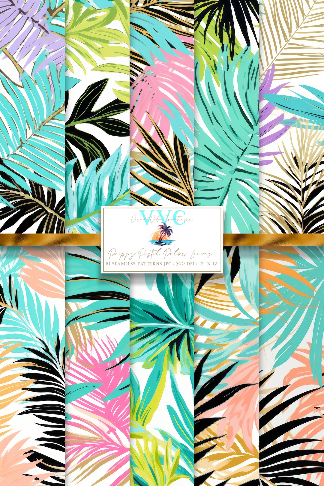Preppy Pastel Palm Leaves Digital Paper, 10 Seamless Preppy Patterns ...