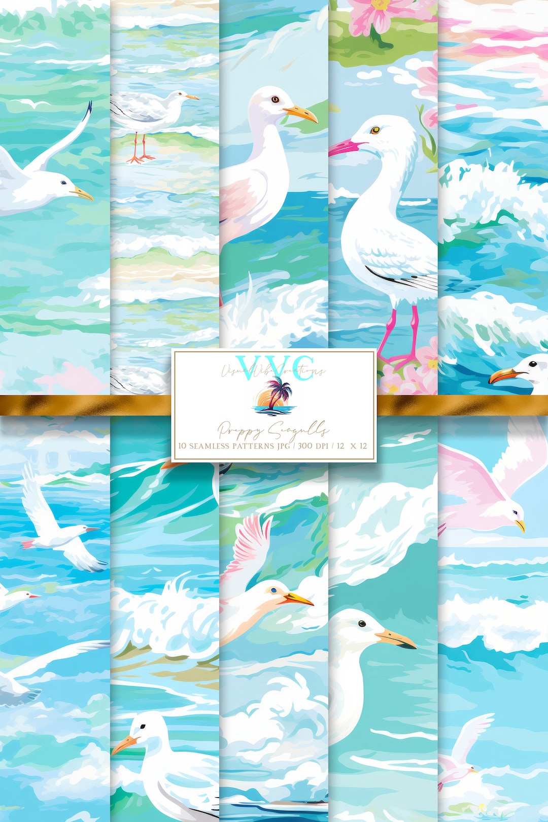 Preppy Seagulls Digital Paper, 10 Seamless Beach Patterns for Printable ...