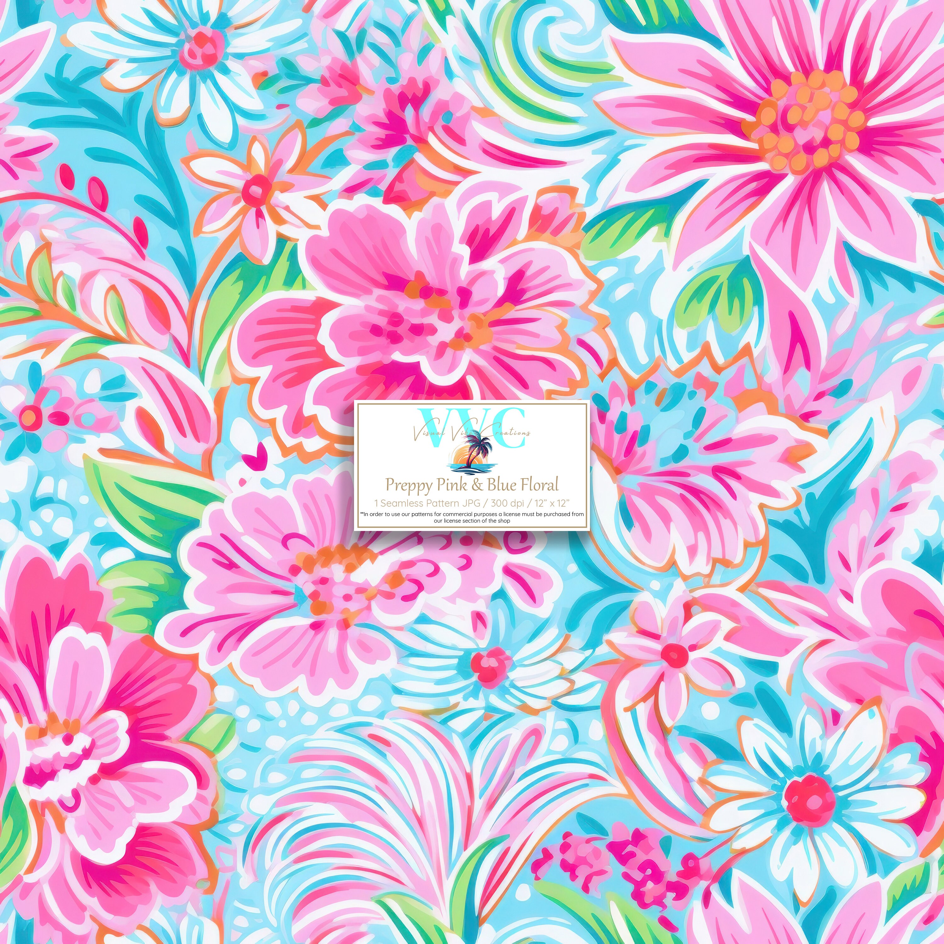 Preppy Pink & Blue Floral Digital Paper 1 Seamless Pattern - Etsy
