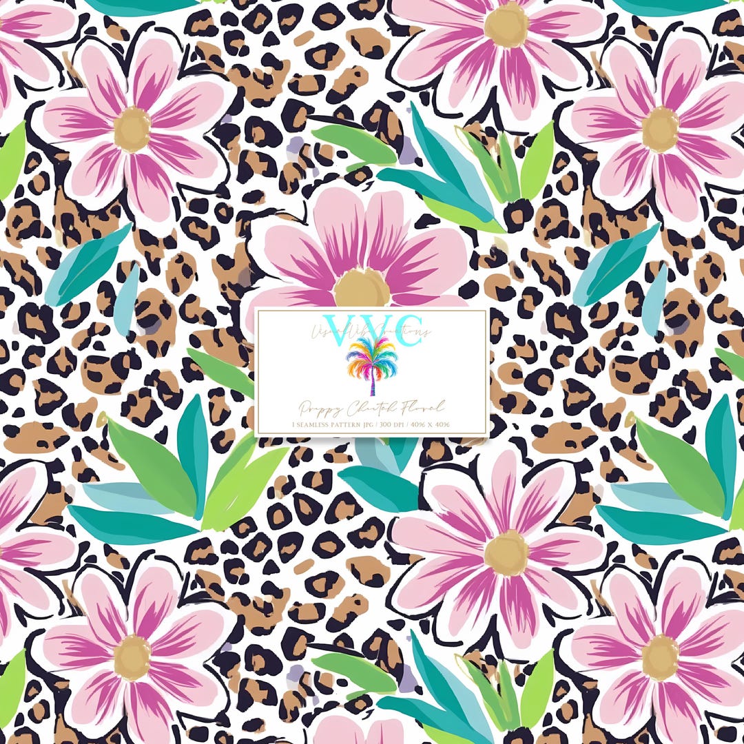 Preppy Cheetah Floral Digital Paper, 1 Seamless Pattern for Scrapbook ...