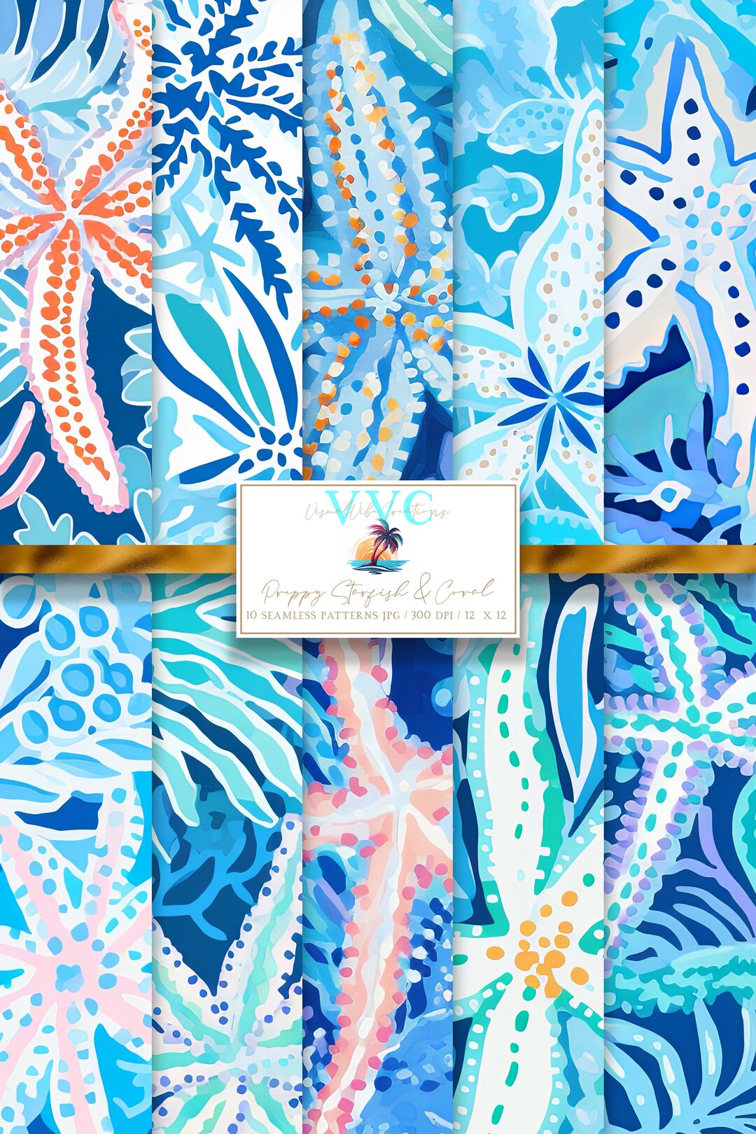 Preppy Starfish & Coral Digital Paper, 10 Seamless Patterns for ...