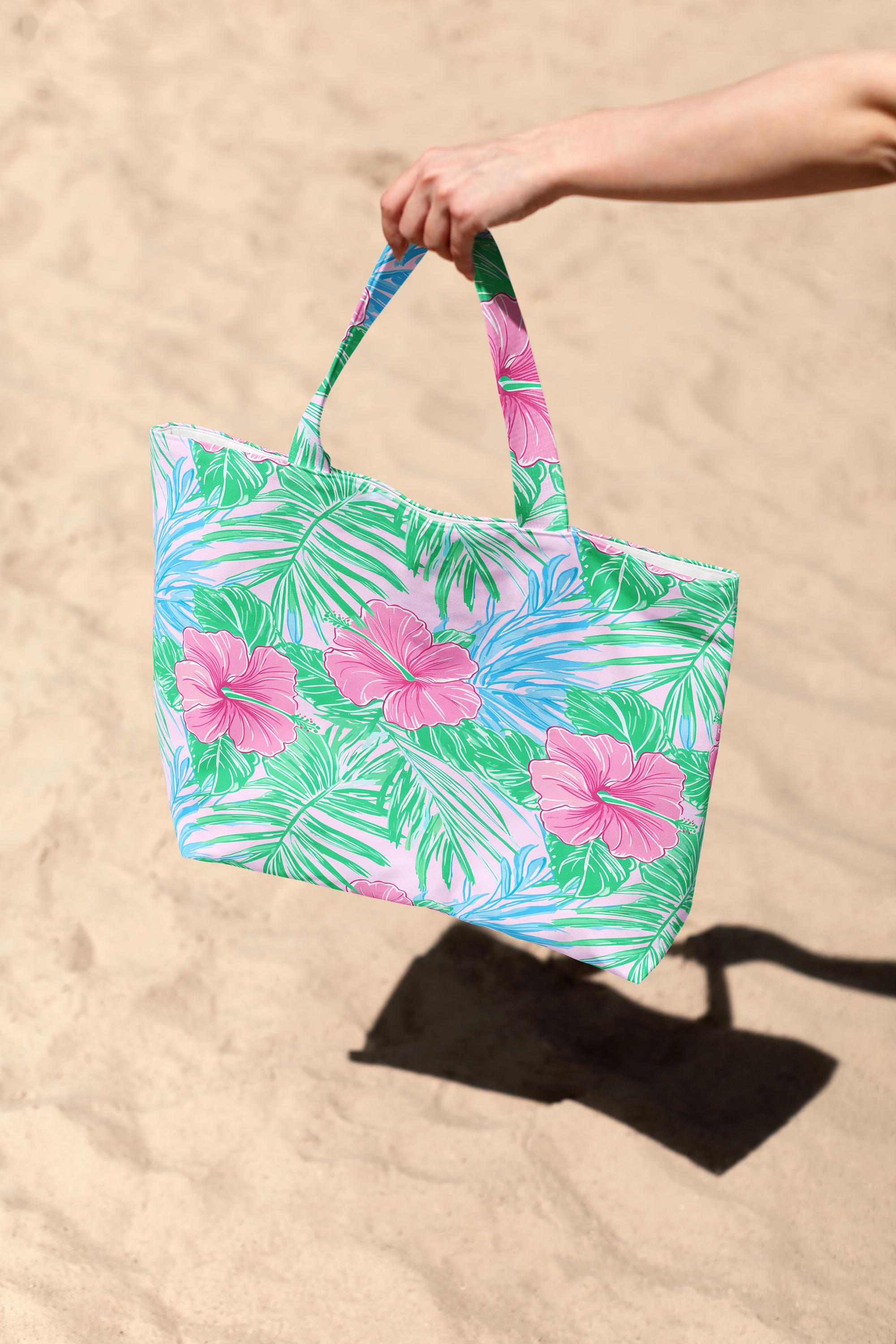 Preppy Hibiscus Breeze, 1 Tropical Pink Hibiscus and Palm Leaf Seamless ...