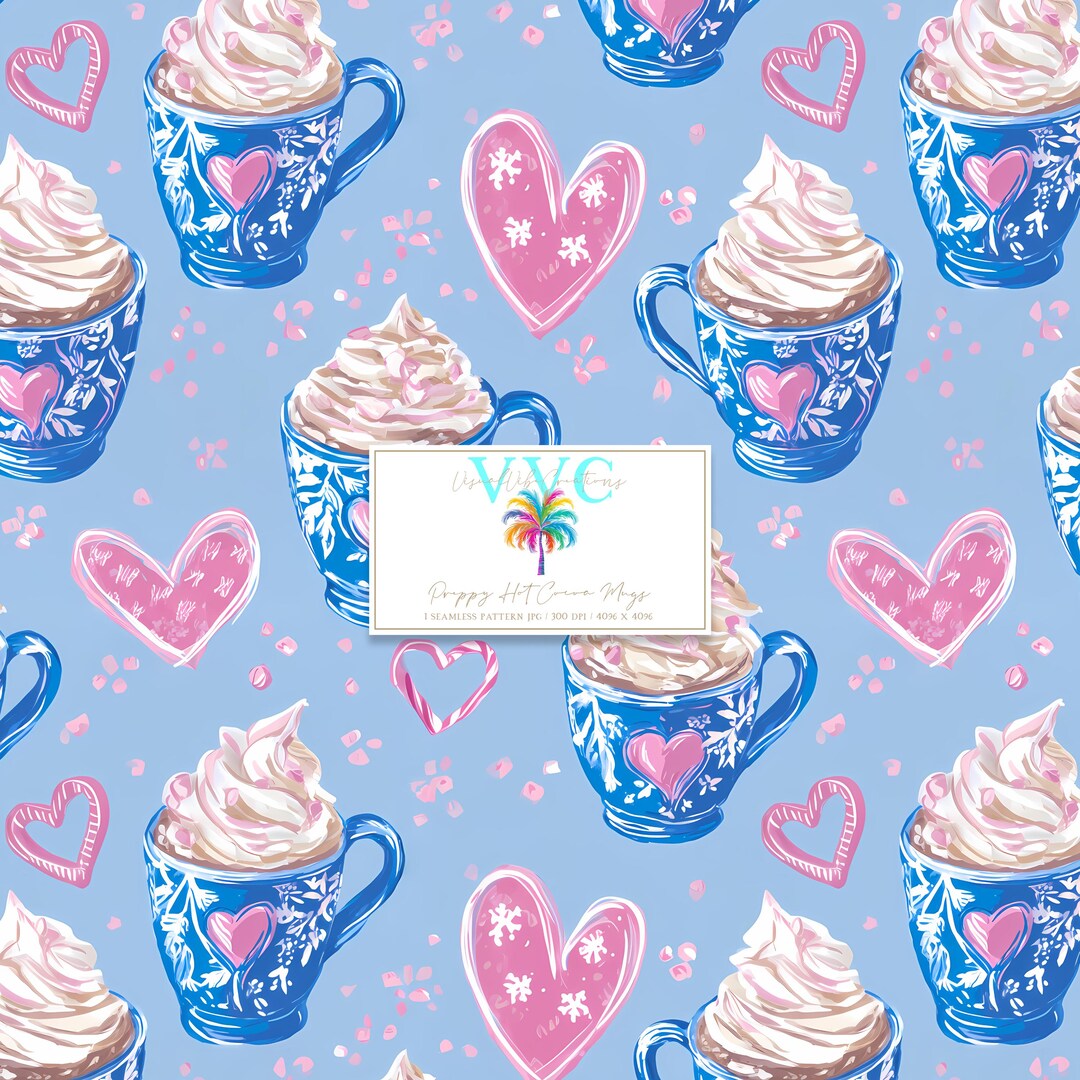 Preppy Hot Cocoa Mugs, 1 Seamless Pattern, Blue and Pink Winter Mug ...