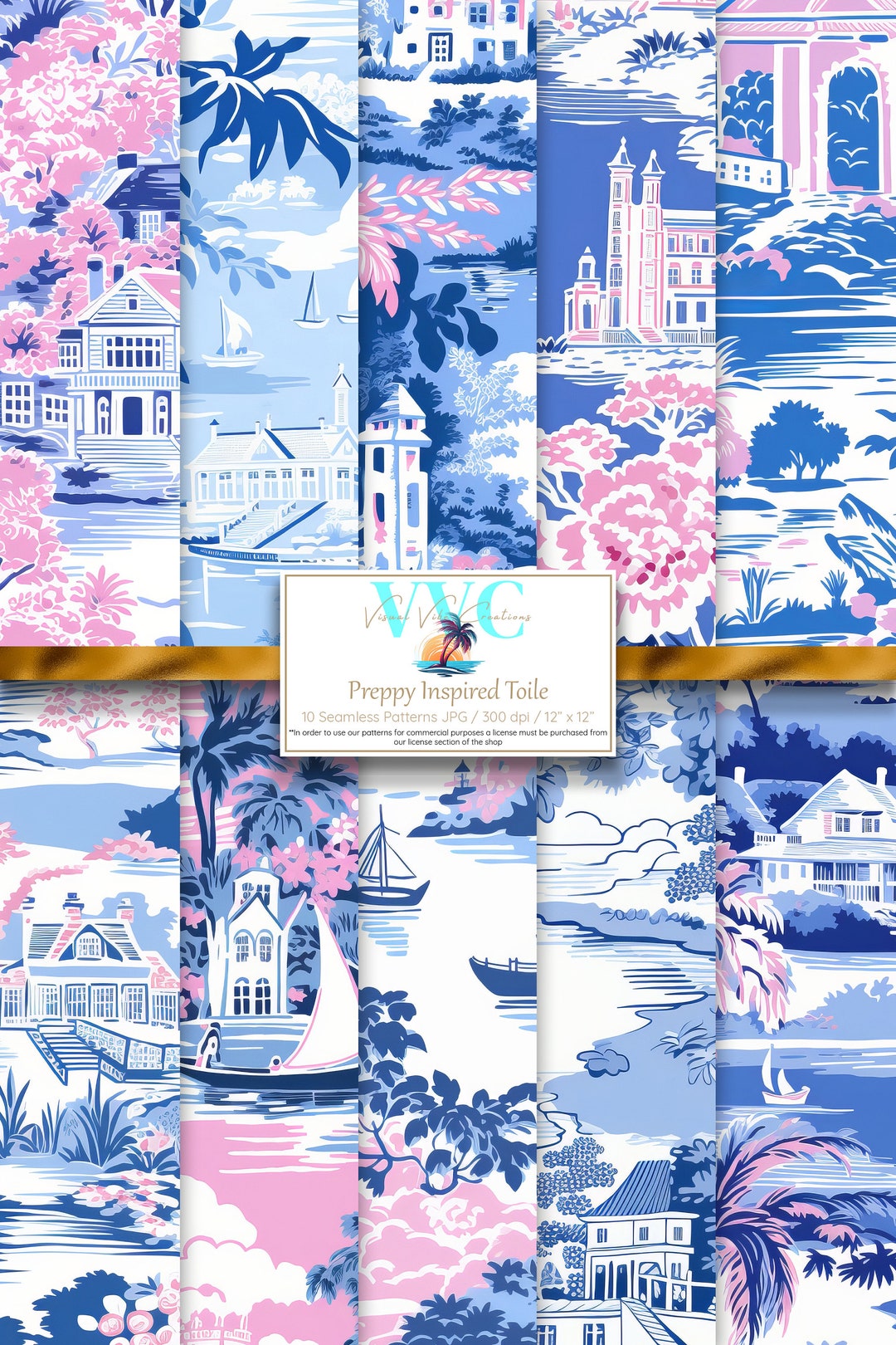 Preppy Inspired Toile Digital Paper, 10 Seamless Patterns for Printable ...