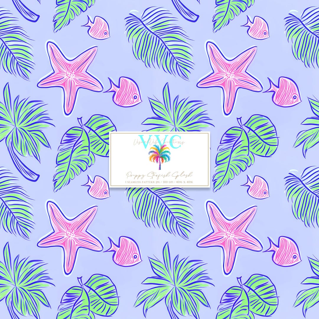 Preppy Starfish Splash Beach Print, 1 Tropical Seamless Pattern, Pink ...