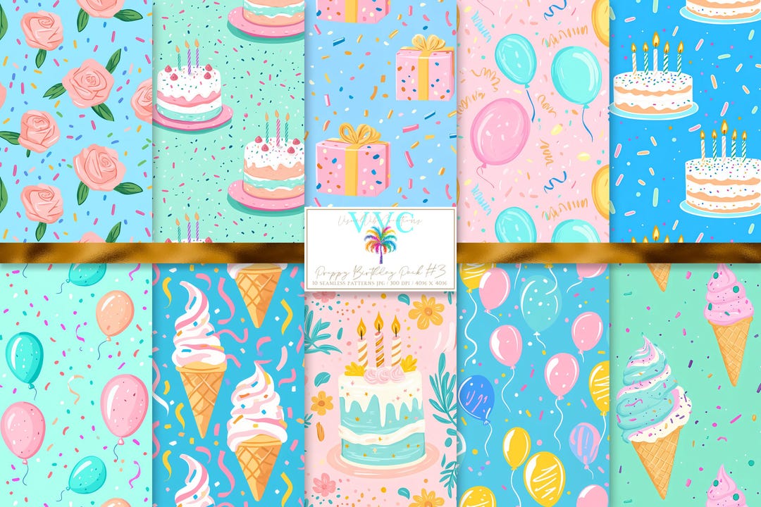 Preppy Birthday Pack #3 Digital Paper, 10 Seamless Patterns for ...