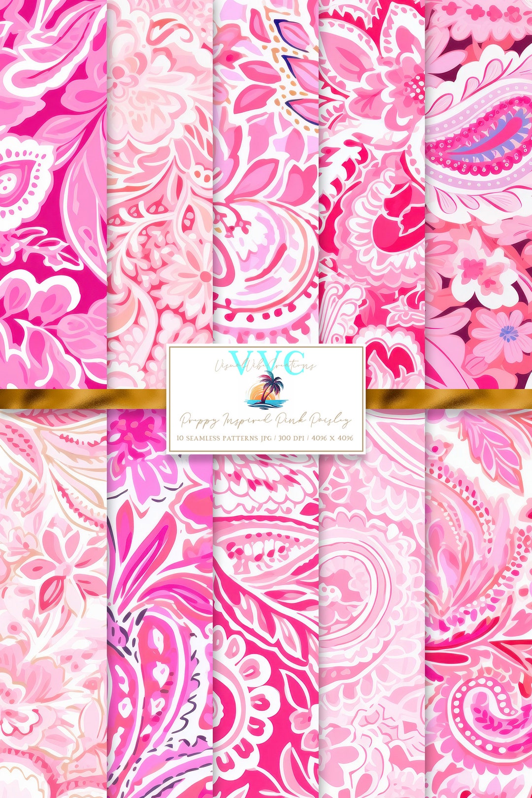 Preppy Inspired Pink Paisley Digital Paper, 10 Seamless Patterns for ...