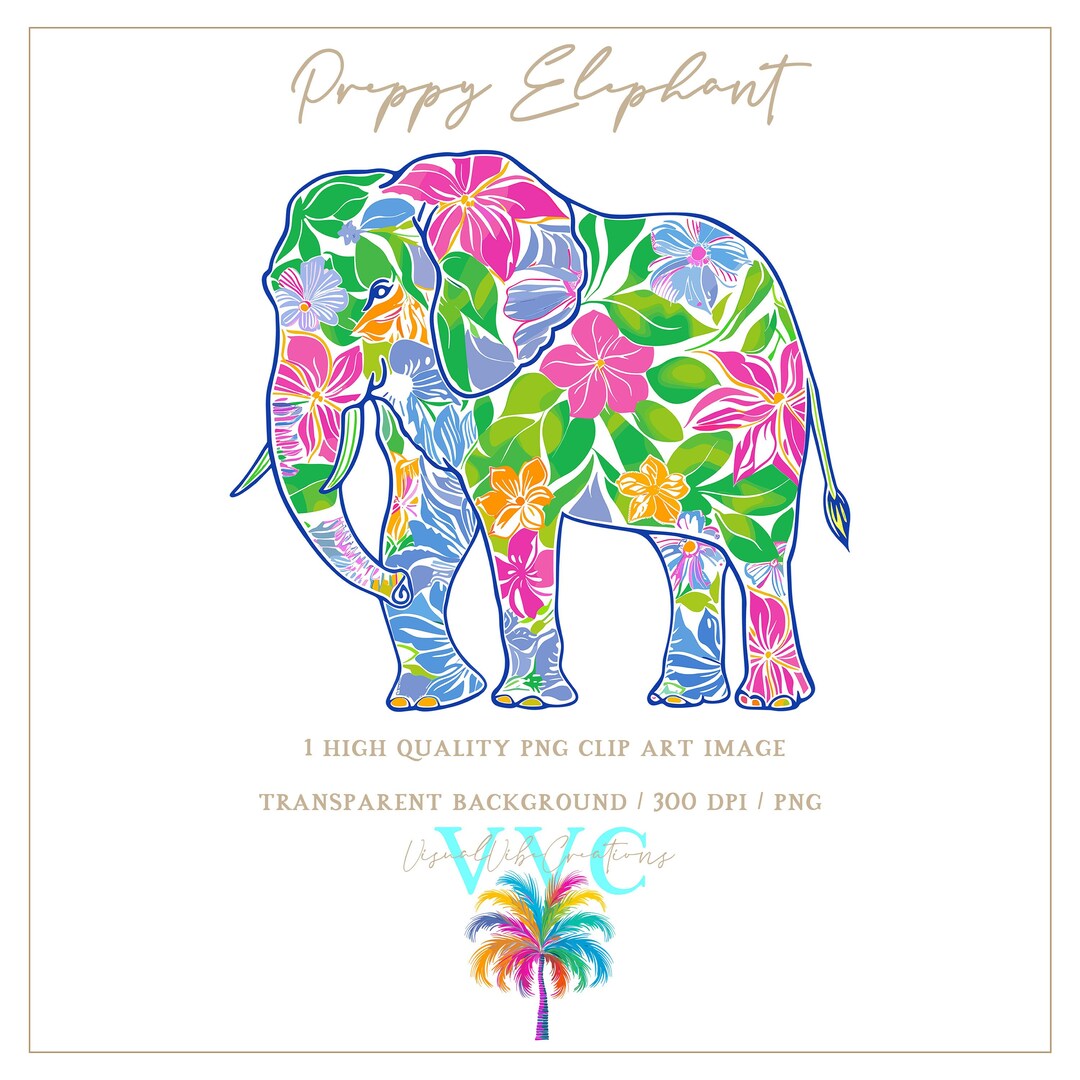 Preppy Elephant Clip Art - Transparent Background in PNG, Floral ...