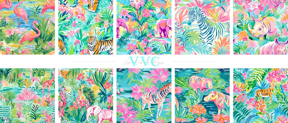 Preppy Safari Animals Pack #4, 10 Seamless Patterns, Pastel Jungle ...