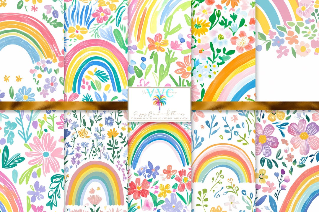 Preppy Rainbow & Flowers Digital Paper, 10 Seamless Patterns for ...