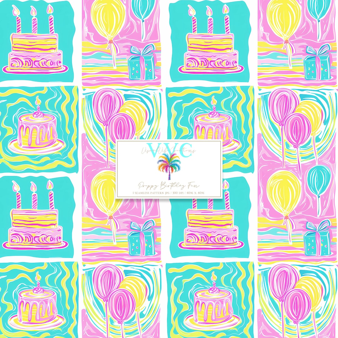 Preppy Birthday Fun Digital Paper, 1 Seamless Pattern for Printable ...
