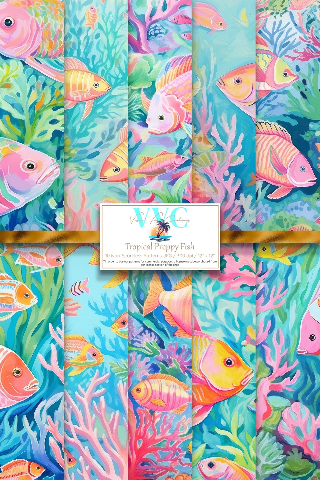 Tropical Preppy Fish, 10 Non-seamless Vibrant Digital Papers Instant ...