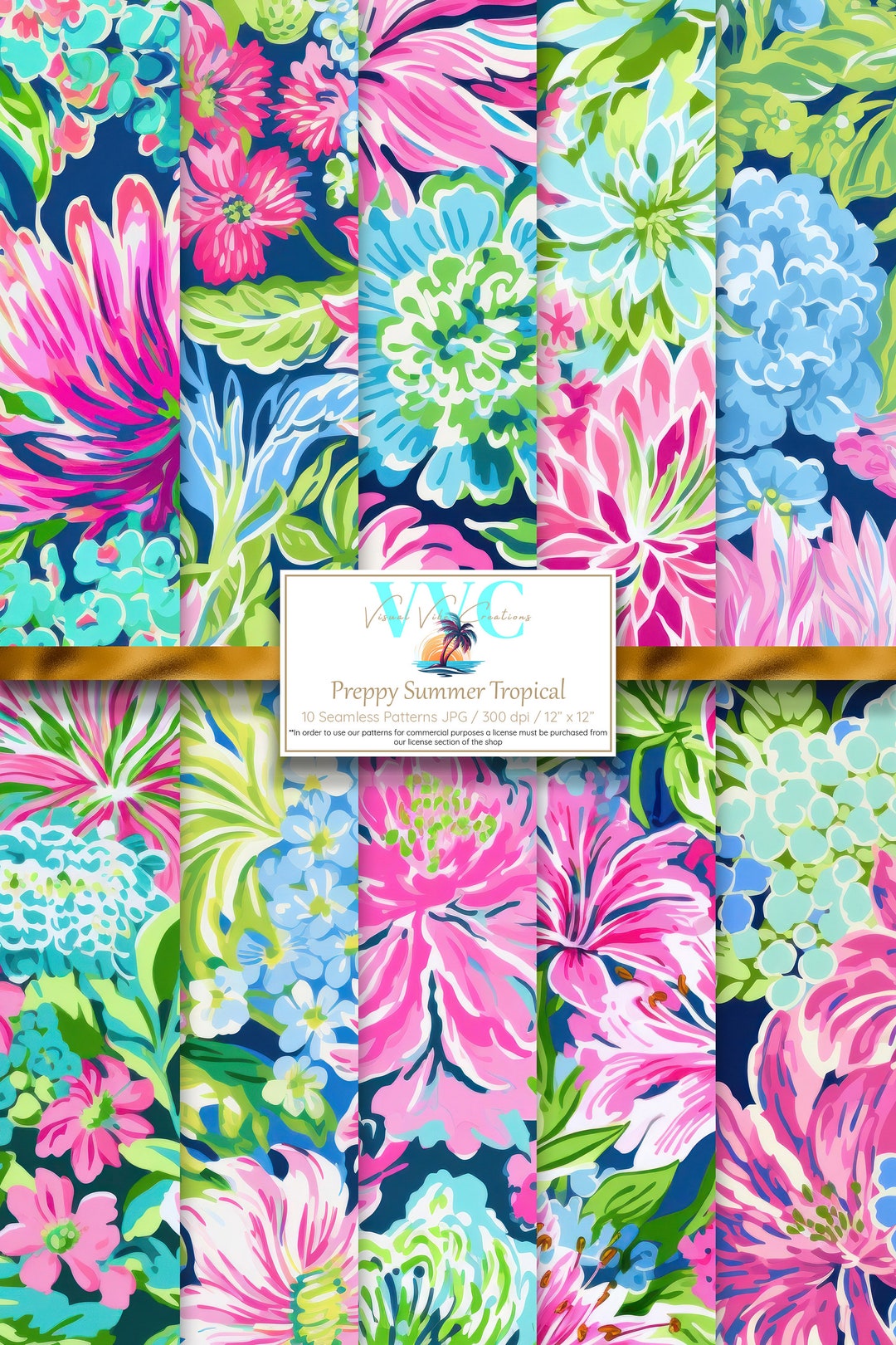 Preppy Summer Tropical Digital Paper, 10 Seamless Flower Patterns for ...