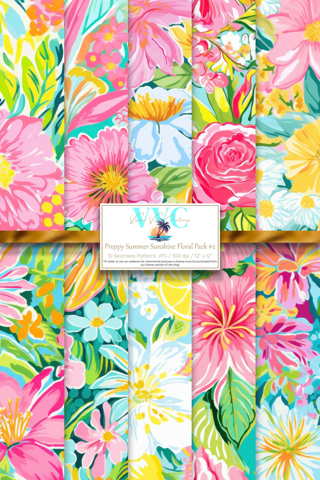Preppy Summer Sunshine Floral Pack #2 Digital Paper, 10 Seamless ...